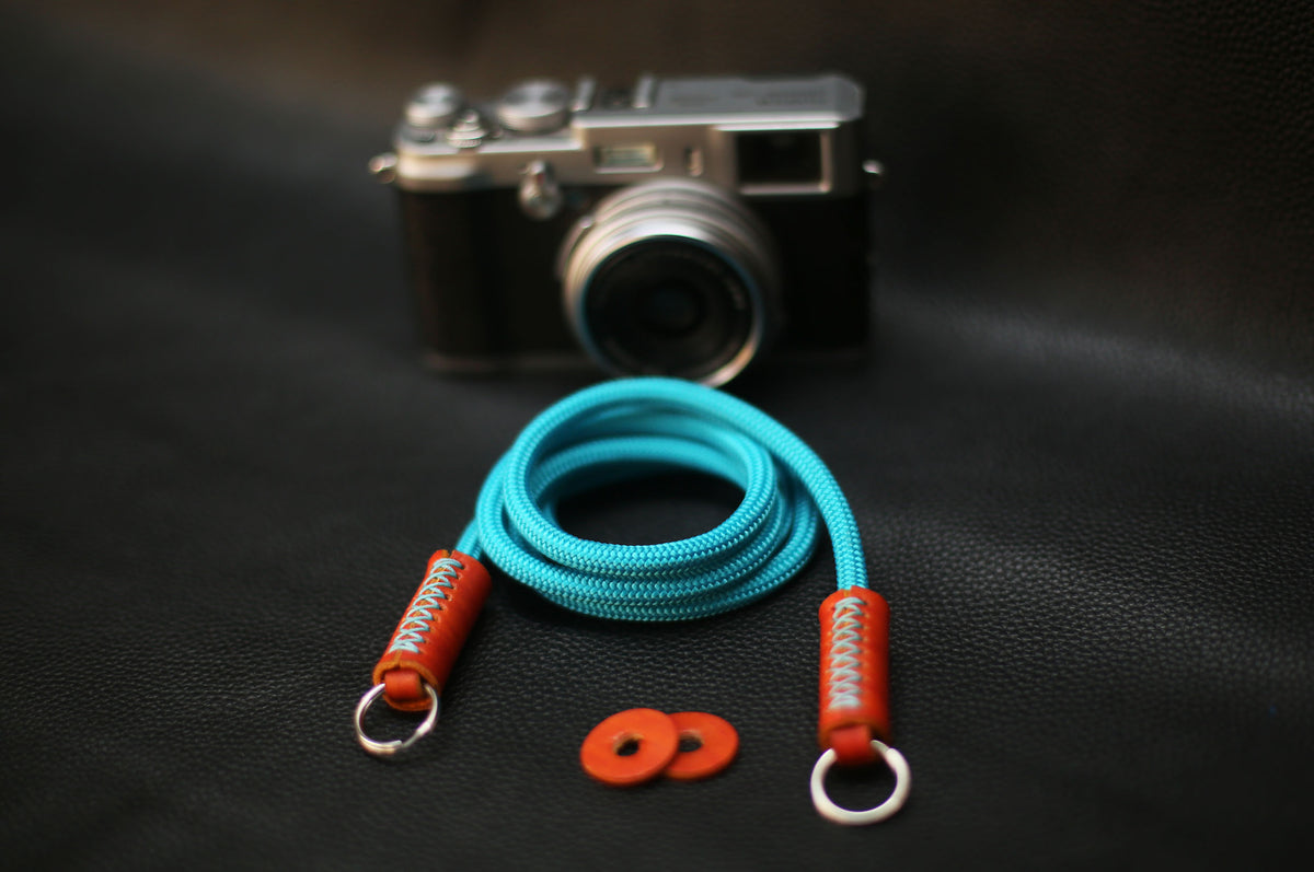 Peacock-blue-6mm-climbing-rope-brown-leather-handmade-camera-neck ...